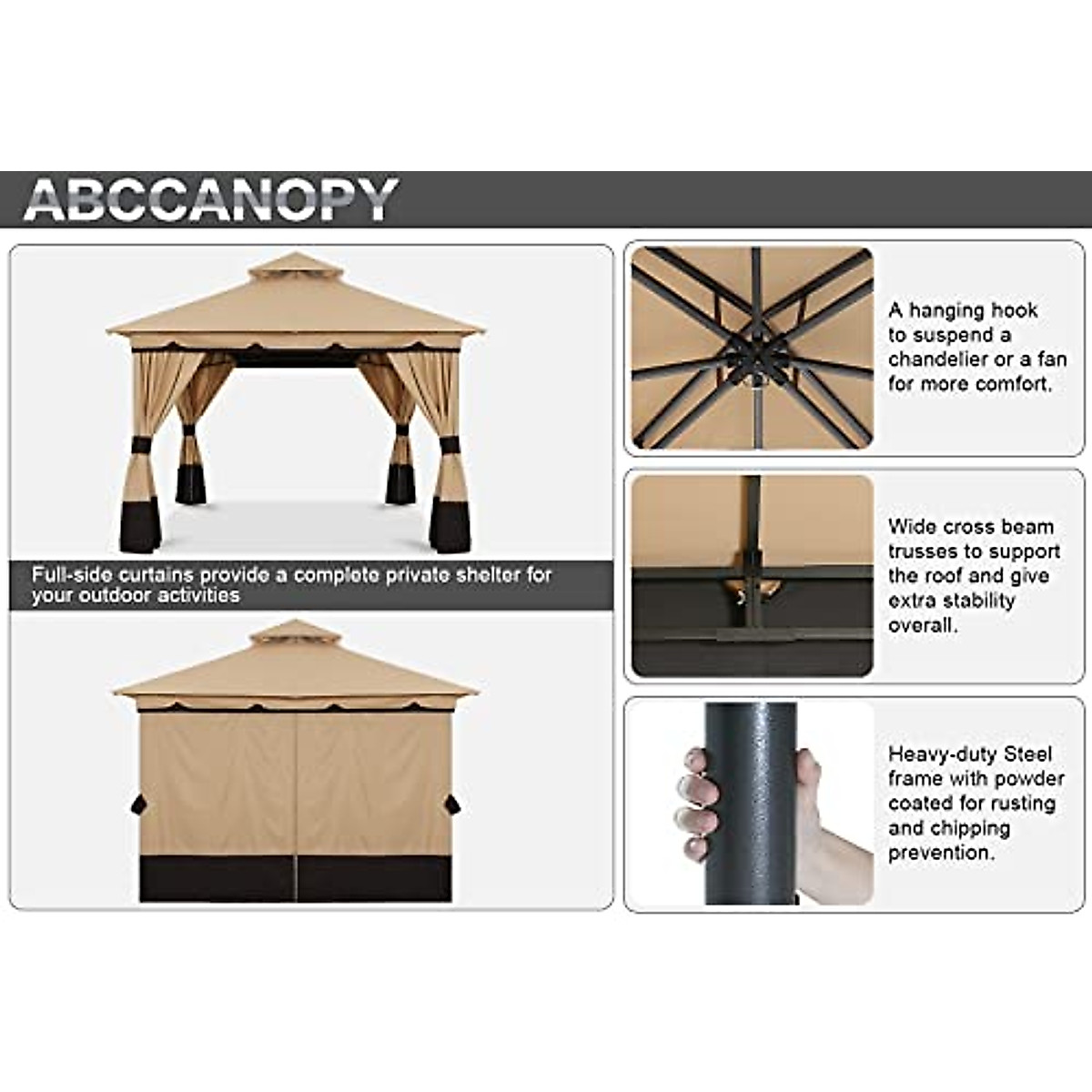 ABCCANOPY 10'x12' Outdoor Gazebo, Double Roof Patio Gazebo with Shade Curtains, Beige
