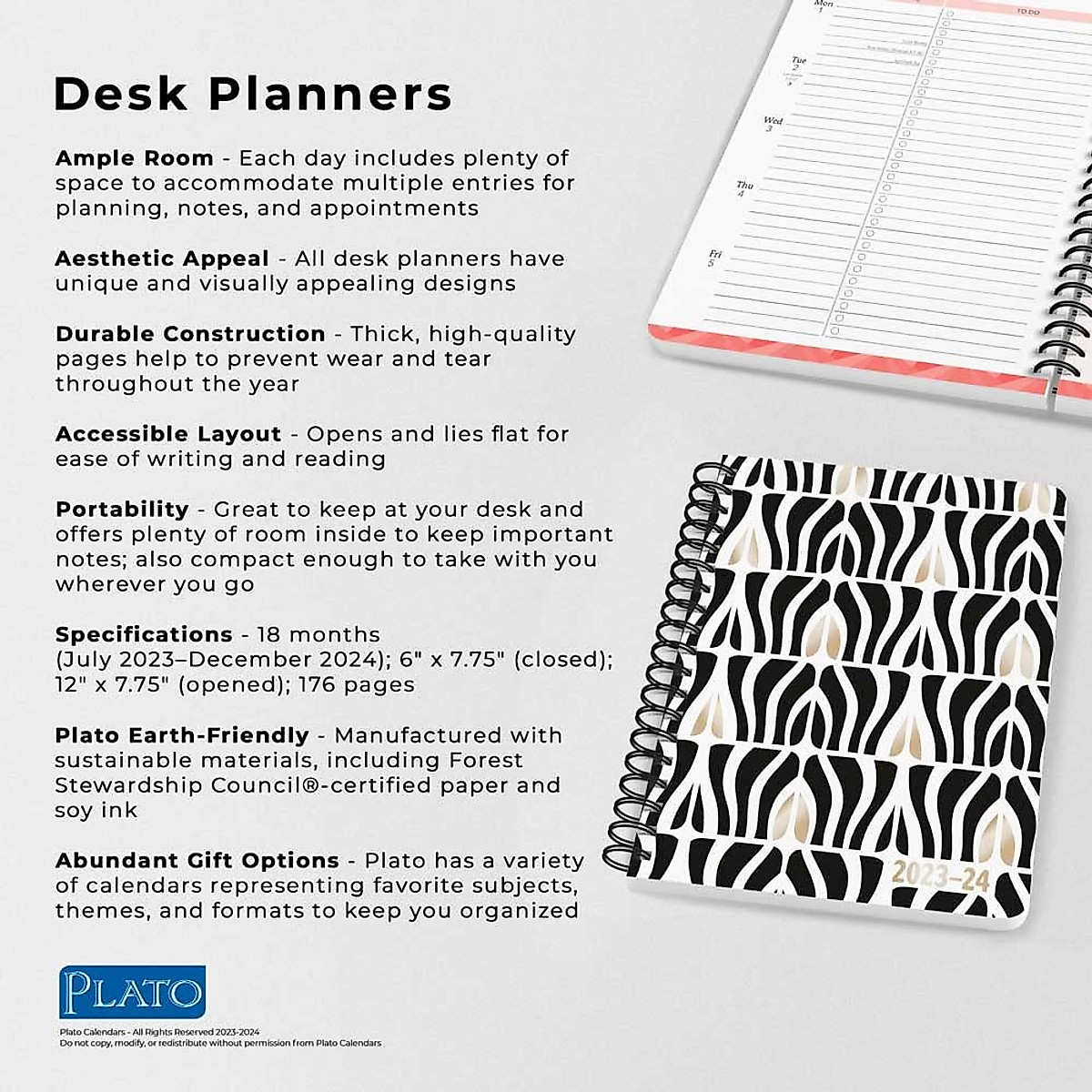 Ebony & Ivory | 2024 6 x 7.75 Inch 18 Months Weekly Desk Planner | Foil Stamped Cover | July 2023 - December 2024 | Plato | Stationery Planning