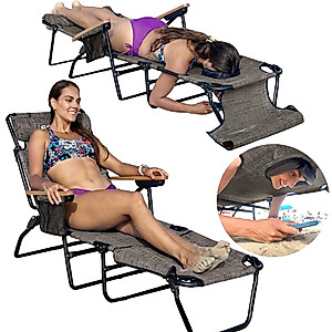 EASYGO PRODUCTS FLIP Face Down Tanning Chaise Lounge Chair with Face & Arm Holes - 4 Legs Support - Textilene Material - 6 Position - Arm Head Rest Pillow - Beach or Home Use - PATENTS Pending, Brown