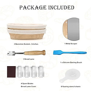 Unihopper 10 Inch Oval Bread Proofing Basket Set of 2 with Linen Liner, Dough Scraper, Basting Brush and Flouring Stencils Baking Supplies for Sourdough Bread Making Fermentation