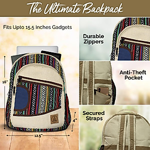 Ojas Yatra Pure Himalayan Hemp Backpack Large - Boho/Hippie Student Laptop Backpack for Women & Men - Handmade Notebook Bag for Travel & Festivals