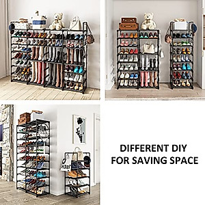 Plzlove 10 Tiers Shoe Rack Organizer for Closet & Entryway, Tall Metal Shoe Shelf Storage 54-62 Pairs, Extra Large Shoe Stand Black Stackable Boot Rack for Garage, Bedroom, Cloakroom with Hooks