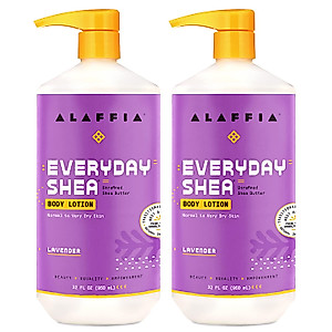 Alaffia Everyday Shea Body Lotion - Normal to Very Dry Skin, Moisturizing Support for Hydrated, Soft, and Supple Skin with Shea Butter and Lemongrass, Fair Trade, Lavender, 2 Pack - 32 Fl Oz Ea