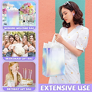 ISUSSER 25 Pack Holographic Gift Bags With White Handles Gift Bags with Tissue Papers Non Woven Reusable Handled Gift Bags Glossy Welcome Bags for Shopping Birthday Party Wedding, 8 x 4 x 10 Inch