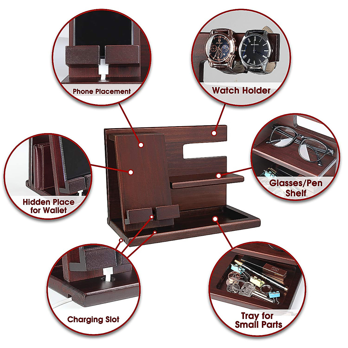 Wood Phone Docking Station for Men - Wooden Nightstand Organizer - Personalized Idea for Him, Husband, Boyfriend, Dad, Son, Boss, Colleague - Perfect for Anniversary, Birthday, Christmas, Fathers Day