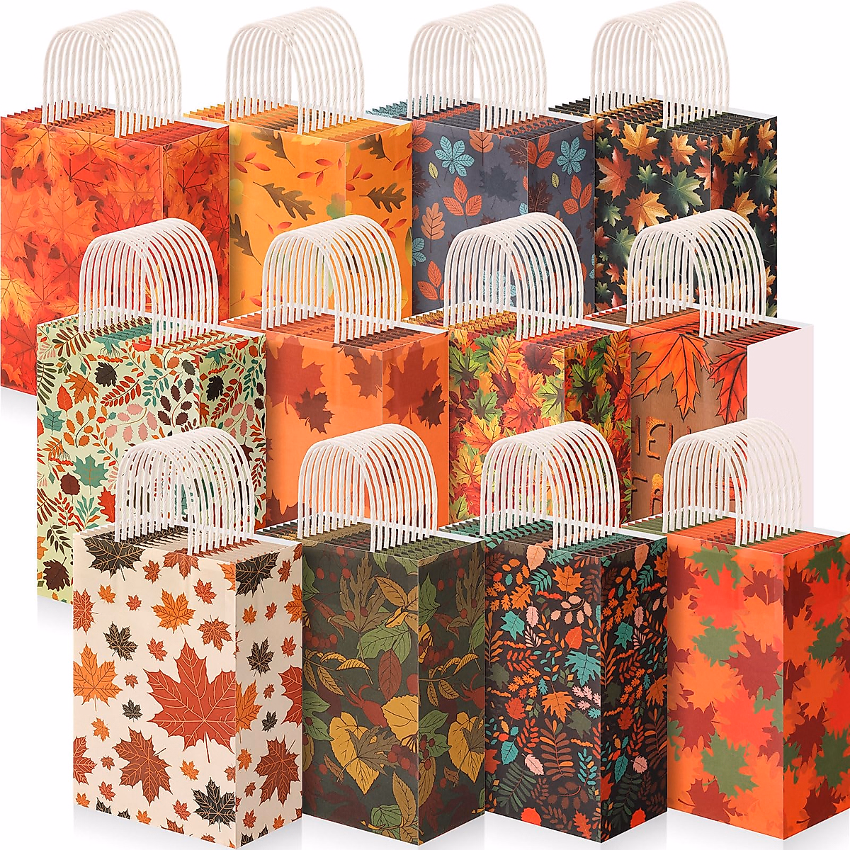 Tenceur 48 Pcs Fall Gift Bags Bulk Fall Candy Bags Kraft Paper Orange Gift Bags Maple Leaf Elements Party Treat Bags with Handles for Thanksgiving Autumn Wedding Birthday Party Favors