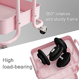 SAYZH 4-Tier Metal Utility Rolling Cart, Durable Multifunction Cart with Rotating Lockable Wheels, Easy to Assemble, Suitable for Office, Bathroom, Kitchen, Garden (Pink)