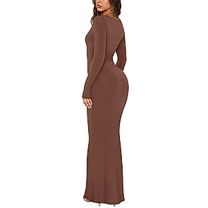 REORIA Women's Sexy Soft Lounge Ribbed Long Dress Fall Elegant Formal Wedding Guest Long Sleeve Deep V Neck Bodycon Maxi Dresses Coffee X-Large