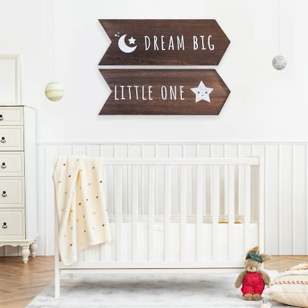 Dream Big Little One Sign - 2 Pcs Nursery Wall Decor, Moon Star Boy Girl Nursery Room Decor, Rustic Wooden Arrow Playroom Sign - Gender Neutral Woodland Decor, 14 X 5 inch, Brown