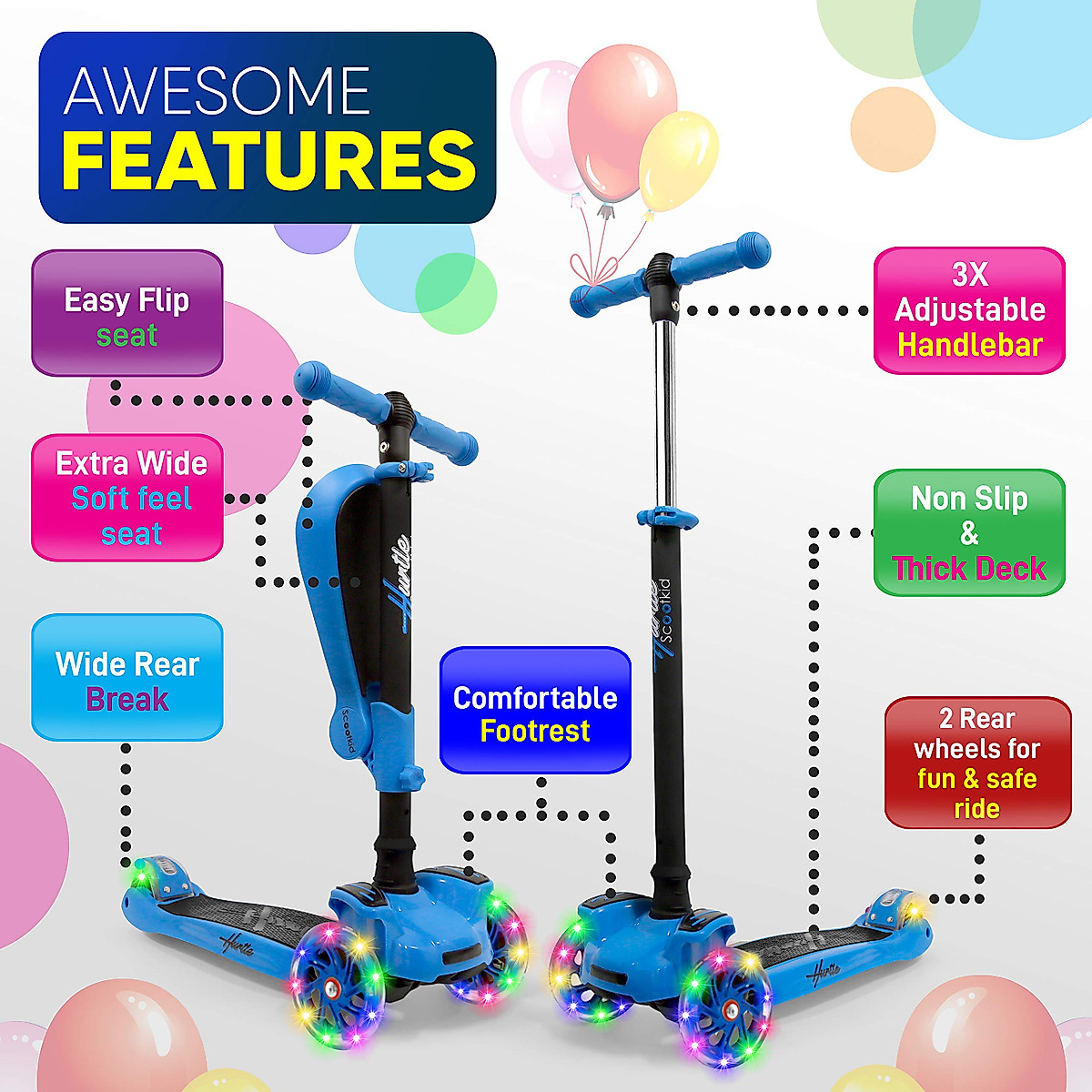 Hurtle 3-Wheeled Scooter for Kids - Wheel LED Lights, Adjustable Lean-to-Steer Handlebar, and Foldable Seat - Sit or Stand Ride with Brake for Boys and Girls Ages 1-14 Years Old - Blue