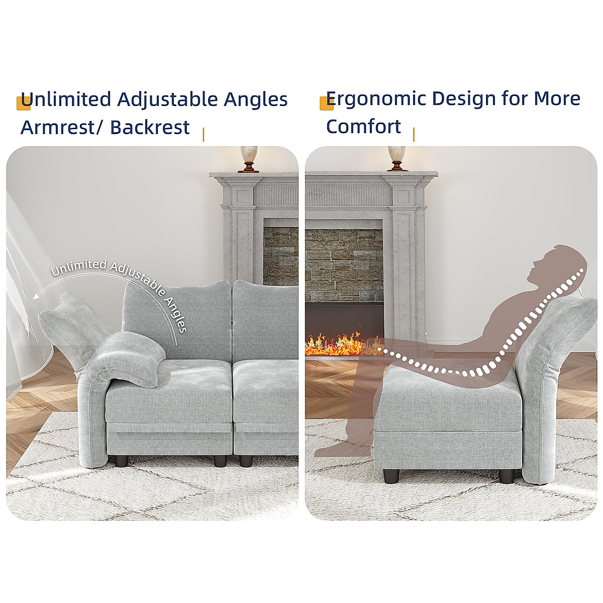 LLappuil U Shaped Oversized Sectional Sofa 167" Wide with 4 Diamond Ottomans, Chenille Modular Couches Sleeper Sofa with Storage and Adjustable Armrest for Living Room, Office, Entertainment, Grey