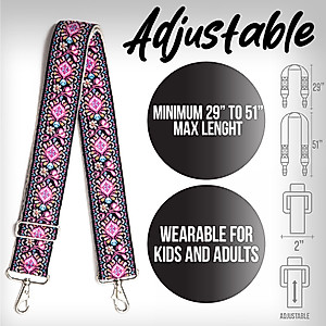 Pink Cotton Handbag Strap & Purse Strap Replacement - Jacquard Woven Embroidered Guitar Strap Styled Shoulder & Crossbody Strap - Adjustable Bag Strap For Tote And Messenger Bags – Silver Hardware