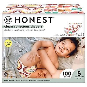 The Honest Company Clean Conscious Diapers | Plant-Based, Sustainable | Wingin' It + Catching Rainbows | Super Club Box, Size 5 (27+ lbs), 100 Count
