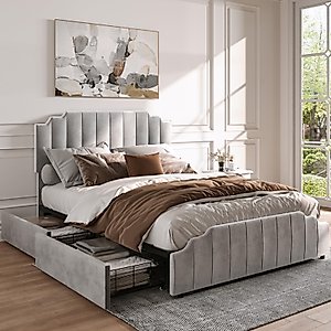PaPaJet Queen Bed Frame with Storage Upholstered Platform Bed with 4 Drawers and Adjustable Headboard, Wooden Slats Support, No Box Spring Needed, Light Grey