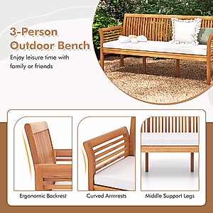 Tangkula Patio 3-Seat Wood Bench, 62.5 Inches Long Acacia Bench with Soft Seat Cushions, Ergonomic Backrest & Armrests, Outdoor Bench Seat for Balcony, Porch, Garden (Off White)