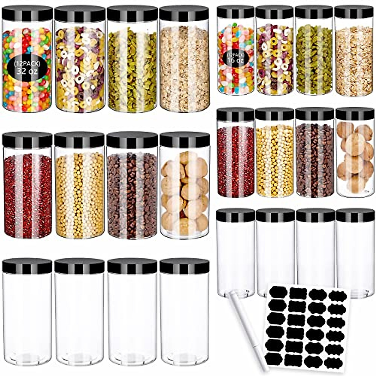 AEGISMILE PLastic jars with lids 32 OZ & 16 OZ 24 pack Clear Storage Jars Containers with Airtight Black Plastic Screw On Lids Cylinder Large Round Jars