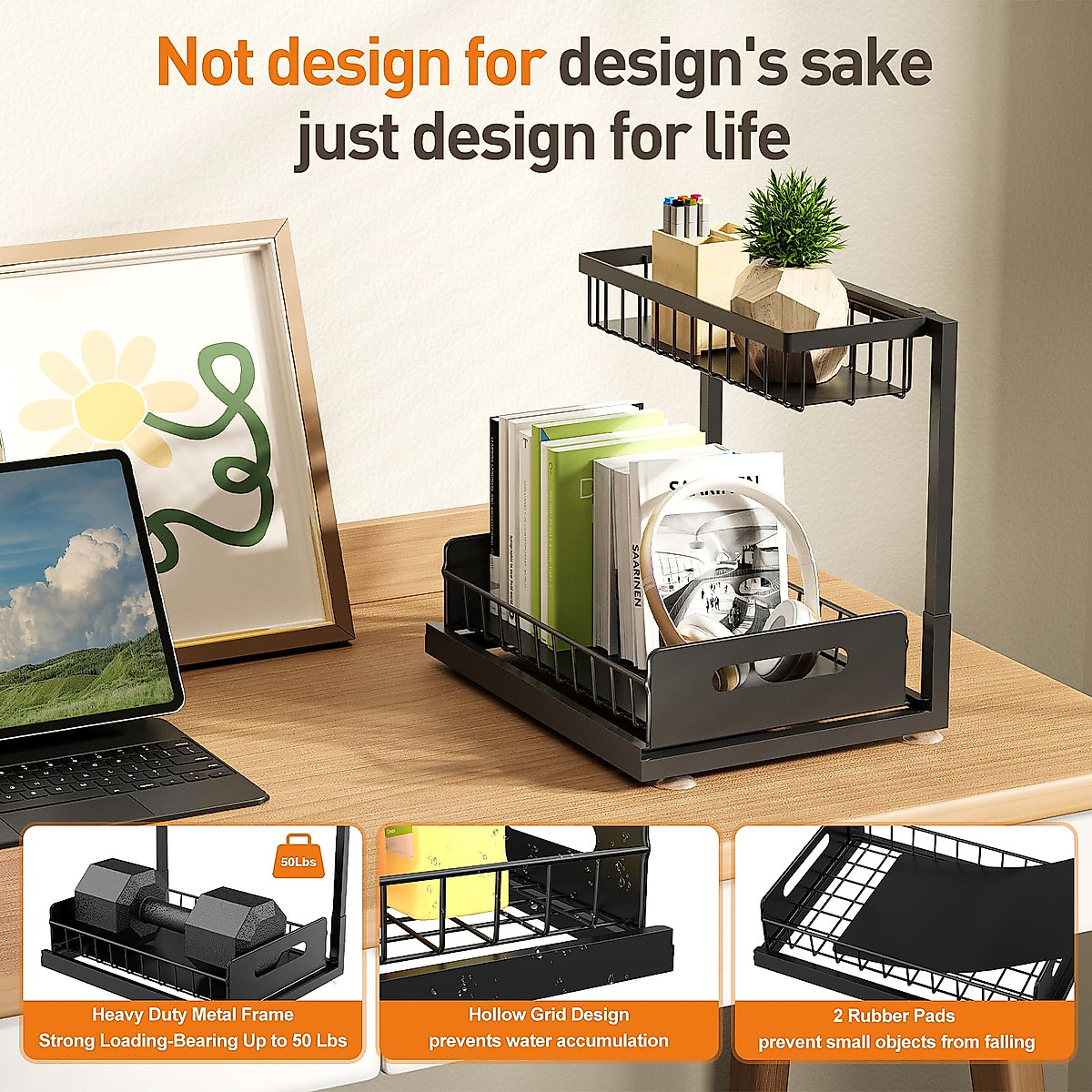 Under Sink Organizer 2 Pack,Metal Pull Out Cabinet Organizer Shelf,Kitchen Bathroom Organizers and Storage with Sliding Drawer,Storage Shelves,Storage and organization for Home,Laundry,RV,Pantry,Spice