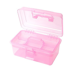 BangQiao Multipurpose Plastic Storage Container Organizer Box Case with Removable Tray and Handle for Art, Craft, Sewing Supplies, Clear&Pink