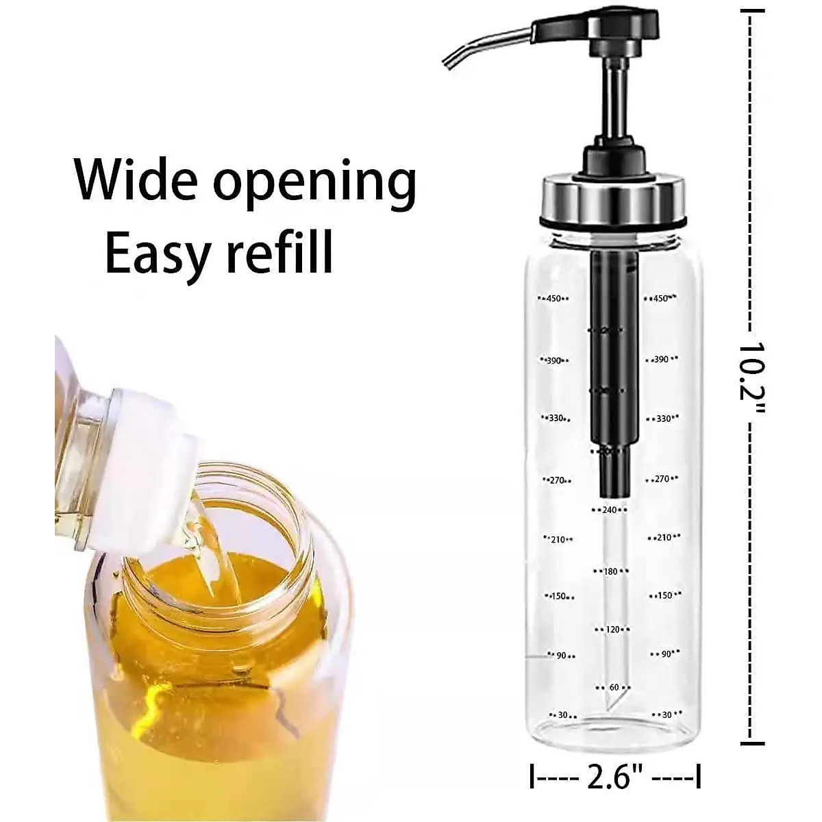 (3 Pack) Glass Sauce Pump Dispenser , No Drip,17 Ounce Big Olive Oil Dispenser Bottle Set, Ketchup Salad Dressing Honey Oil Presser,Sticky Sauce Squeeze Bottle for Kitchen and BBQ