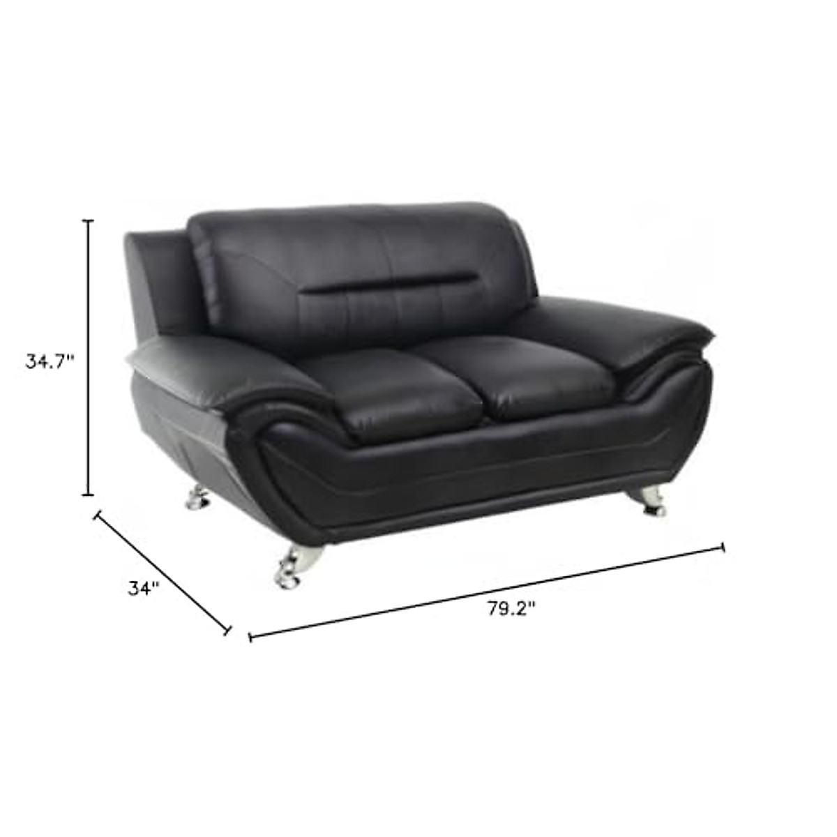 Container Furniture Direct Michael Modern Faux Leather Upholstered Stainless Steel Legs Living Room Loveseat, Midnight Black
