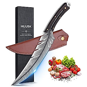 Huusk Japan Knife, Sharp Feather Knife Hand Forged Viking Knife High Carbon Steel Butcher Knife Boning knife for Meat Cutting Japanese Chef Knives Cooking Knife with Sheath for Kitchen Outdoor Camping