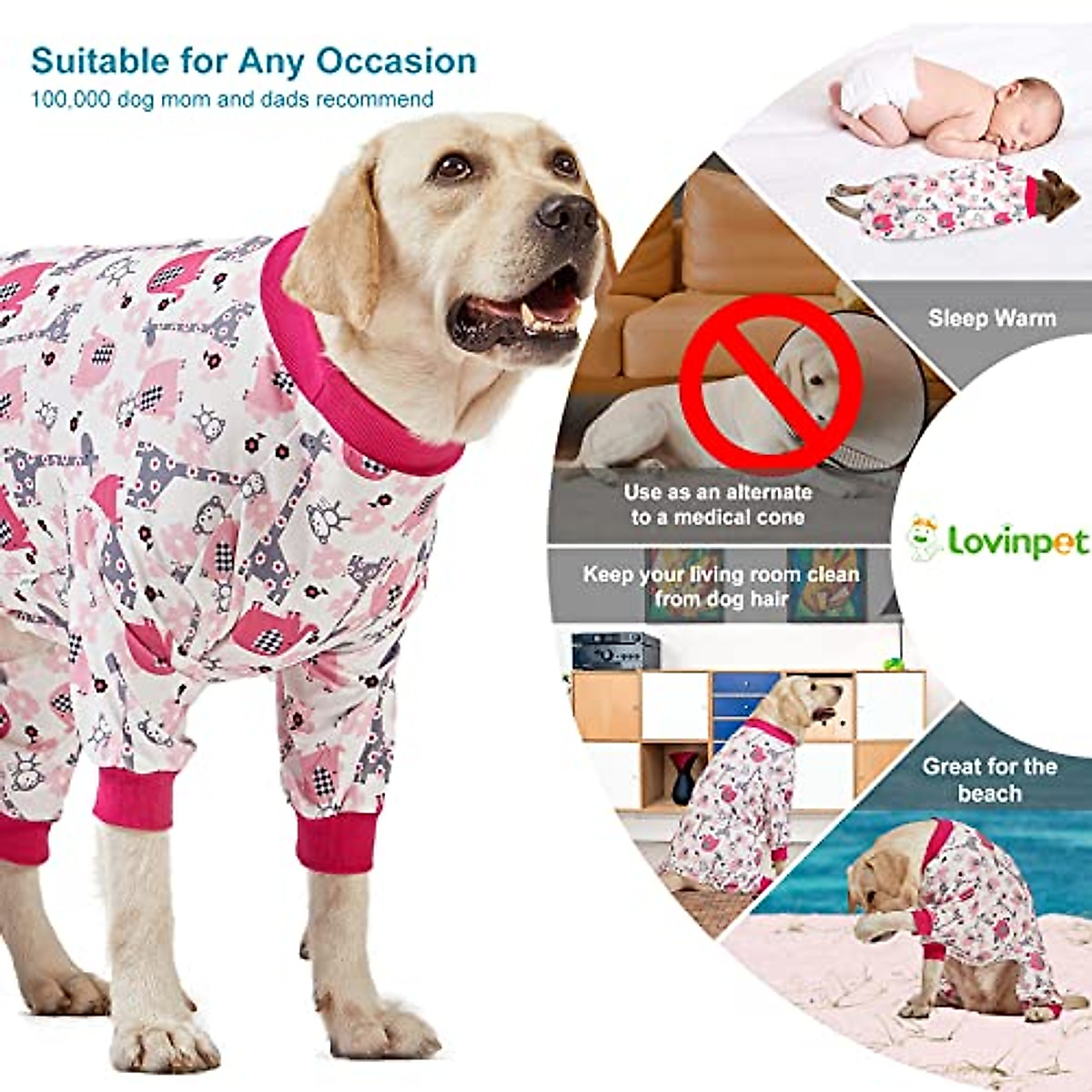 LovinPet Boxer Large Dog Onesies, Pet Anxiety Relief, Anti Licking, Post Surgery Recovery Clothe, Lightweight Stretch Fabric, Jungle Dreams Fuchsia Print, Large Dog Jammies, Large Breed Pet PJ's /2XL