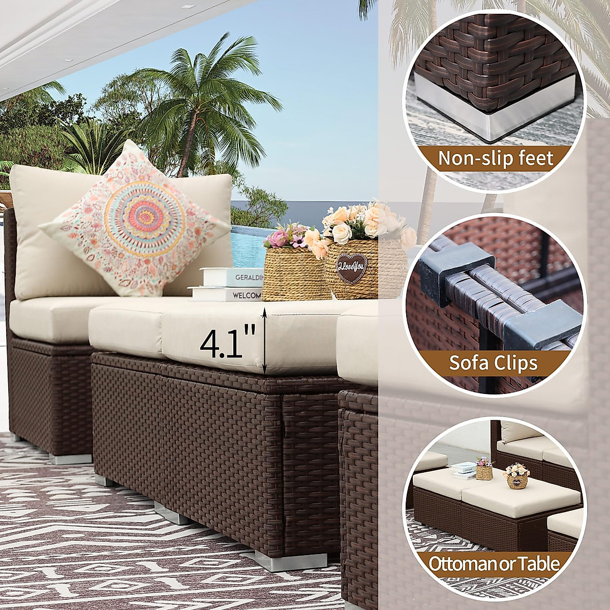 NICESOUL 8 Seat 29.3'' High Back Outdoor Furniture Set, Extra Large Brown PE Rattan Patio Conversation Sets, Deep Seating Modular Sectional with Ottoman, Oversized Conversations for Backyard, Beige