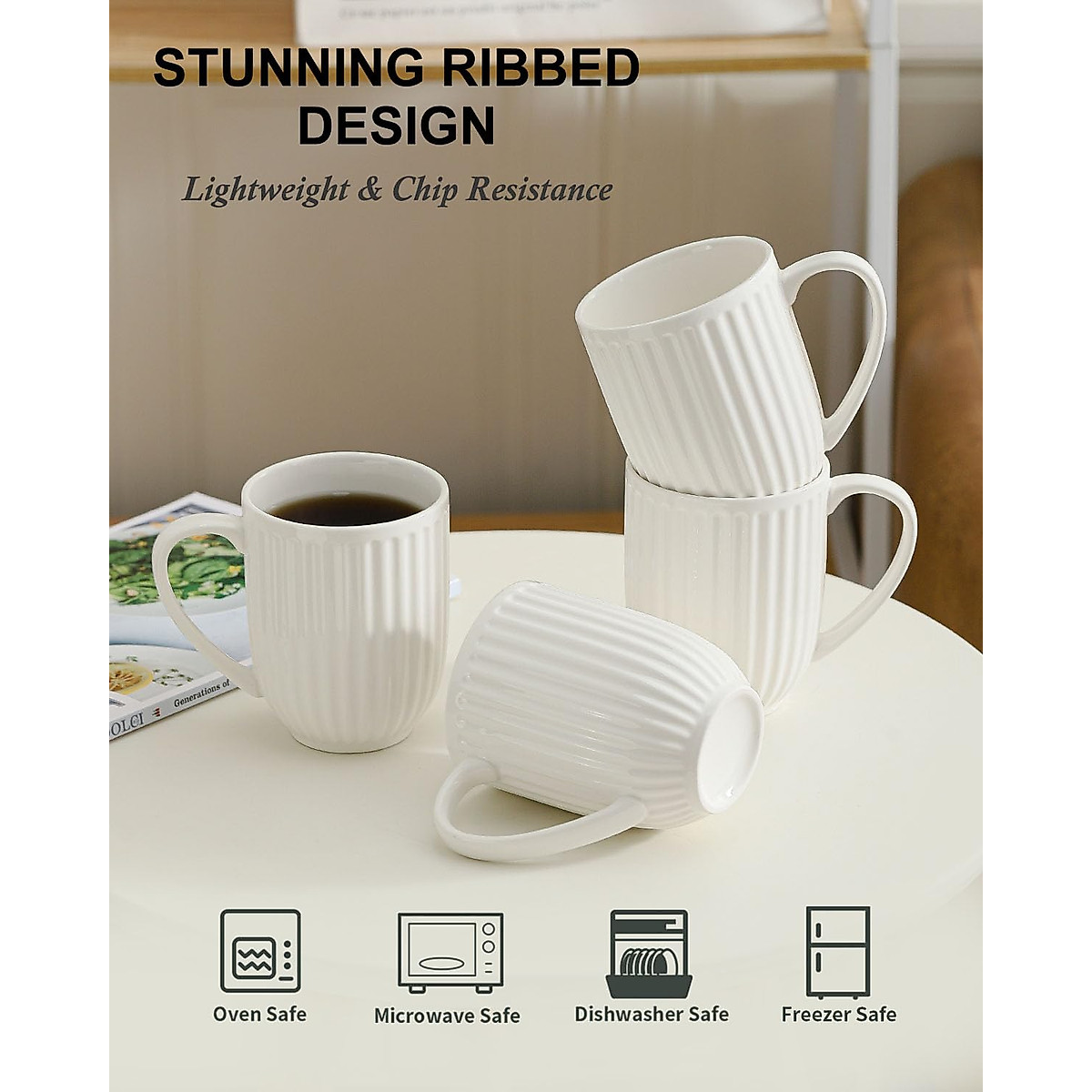 Hasense Ceramic Coffee Mugs Set of 4, 16 Oz Large Ribbed Coffee Cups with Big Handle, Unique Modern Style White Latte Mugs for Tea,Cocoa,Milk,Cappuccino, Microwave & Dishwasher Safe