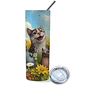 Tumbler with Lid and Straw Cartoon Animals in Flowers thermos coffee travel mugcute cups 20 oz insulated tumbler for Daily Holiday Decor Gift coffee cup