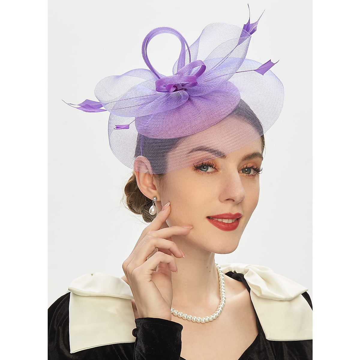 Cizoe Tea Party Fascinator Kentucky Derby Hat Fascinator Pillbox Hat Headband for Cocktail(A-purple