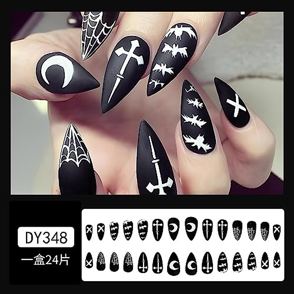 Halloween Press On Nails Almond, Glue on Nails with Spide Ghost Bat Pattern, Black Coffin Fake Nails Stick on Nails, Includes Prep Pad, Mini File, Cuticle Stick, Glue, Jelly Glue and 24 Fake Nails