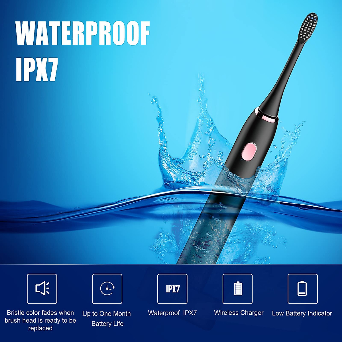 BTFO Electric Toothbrush with 5 Modes, 2pcs Replacement Brush Heads USB Rechargeable Smart Electronic Toothbrush with Holder for Adults IPX7 Waterproof Timing Fast Charging (Black, 1741-01)
