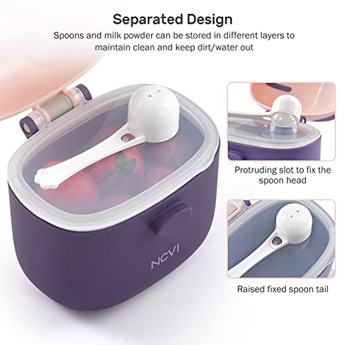 NCVI Baby Formula Dispenser with Scoop and Leveller Portable Storage Formula Containers for Travel, Non-Spill Smart Baby Milk Powder Formula Dispenser for Fruits, Snacks and Nuts (Purple)