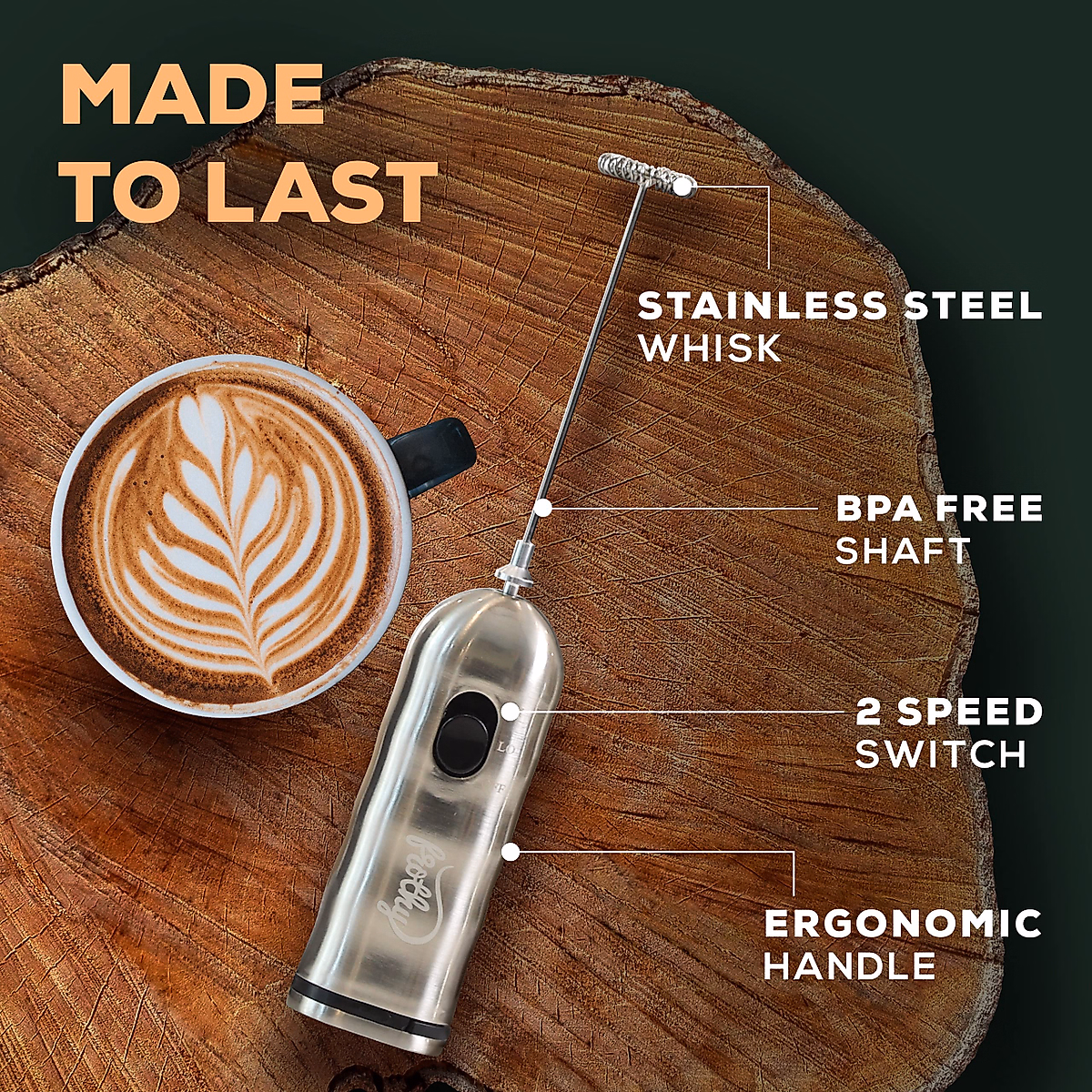 Café Casa Milk Frother for Coffee - 2 Speed Handheld, Battery Operated, Stainless Steel Drink Mixer & Mini Foam Maker - Electric Whisk for Coffee, Lattes, Hot Chocolate, and Shakes