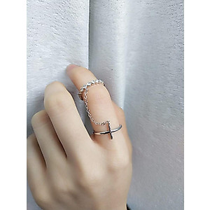 Double Open Cross Faith Rings for Women Silver Plated CZ Geometric Chain Unique knuckle Stacking Finger Adjustable Statement Engagement Ring Gifts for Her Bff Xmas