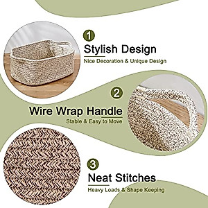 OIAHOMY Cotton Rope Baskets, Woven Baskets for Storage, Nursery Storage Baskets, Rectangle Storage Basket with Handles, Storage Baskets for Shelves, Pack of 3, Brown Variegated