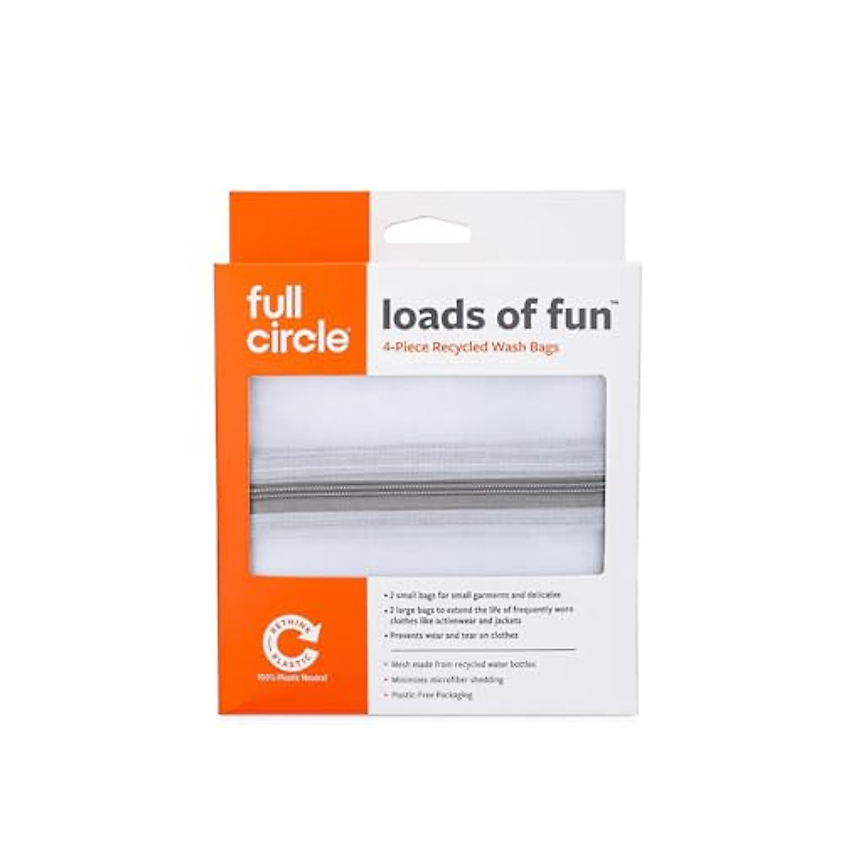 Full Circle Loads of Fun Recycled Mesh Laundry Zipper, Set of 4 – Reusable Garment Washing Machines – Large Clothes Small Delicates/Lingerie Bags, White 4 Count