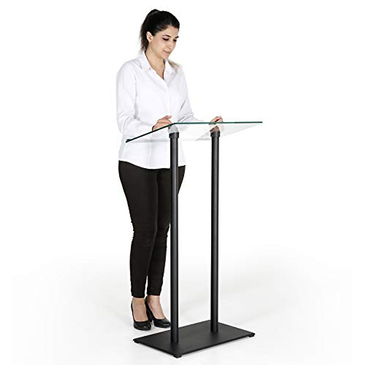 M&T Displays Tempered Clear Glass Podium Black Aluminum Body and Base 43.9 Inch Height Floor Standing Lectern Pulpit Desk