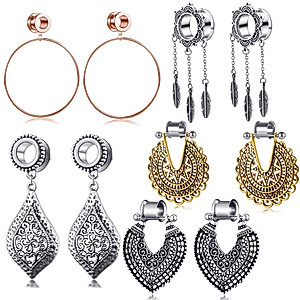 5 Pairs Stainless Steel Ear Tunnels Dangle Gauges For Women Rose Gold Hoop Double Flare Plugs Stretcher 00g Piercing Set (10mm=00g)