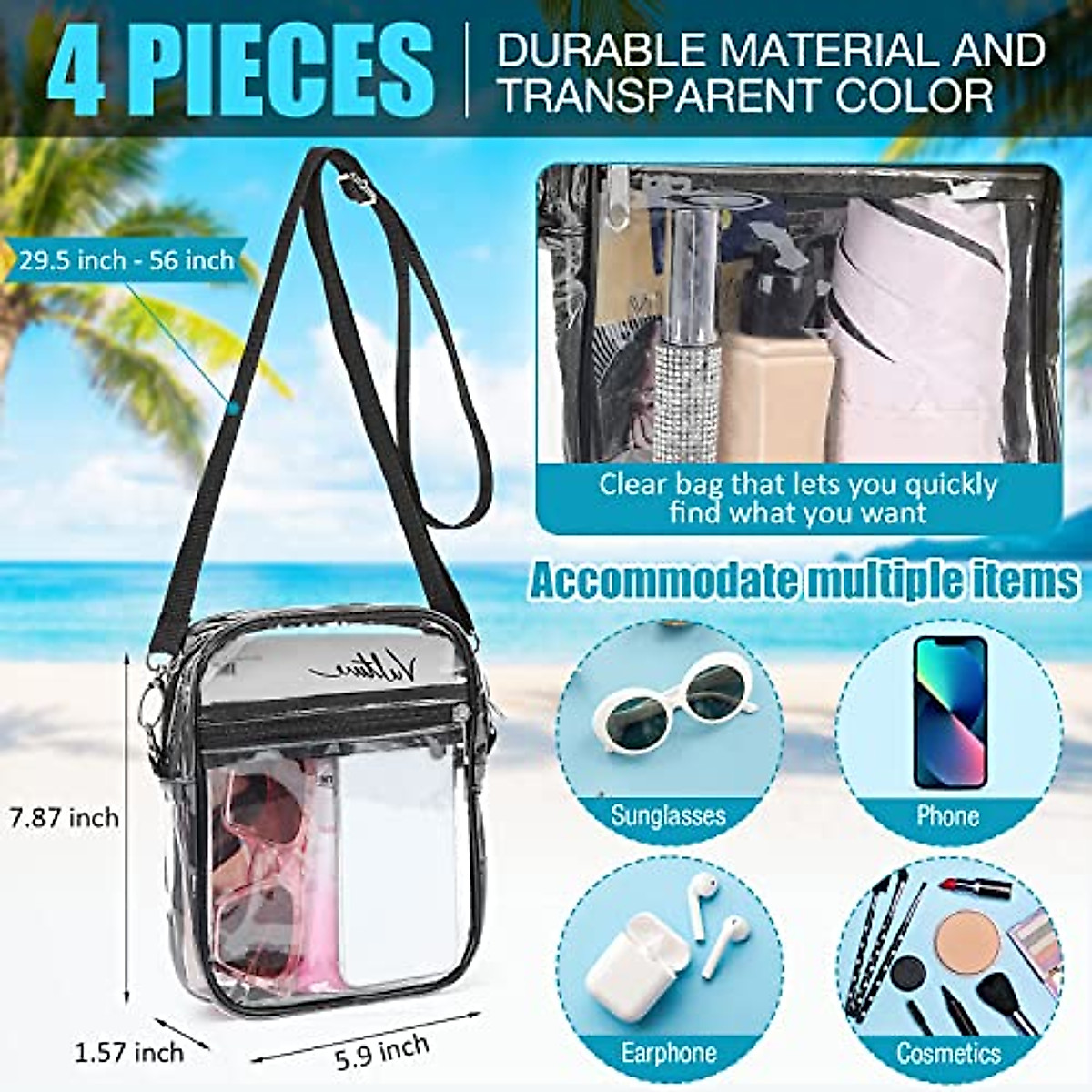 4 Pieces Clear Bag Stadium Approved Crossbody Bags Transparent Cross Body Bag Travel Clear Shoulder Bag Waterproof Stadium Bag PVC Crossbody Purse Bag for Women Men Business Concerts Festivals Supply