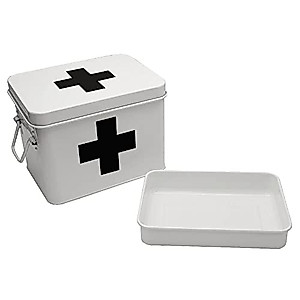 Lassos Boutique Retro Enameled First Aid Box for Medicine Storage and Home Decor with Lid and Removable Tray, White