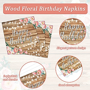 Tevxj 96PCS Pink Floral Birthday Party Plates Wood Grain Flower Tableware Set for Girls Kids Bridal Shower Party Supplies Rustic Wooden Birthday Paper Plates Napkins Forks Decorations for 24 Guests