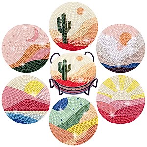 Temlum 6 Pcs Diamond Painting Coasters with Holder, Abstract Landscape Diamond Art Coasters Diamond Small Painting Kits for Beginners, Adults Art Craft Supplies