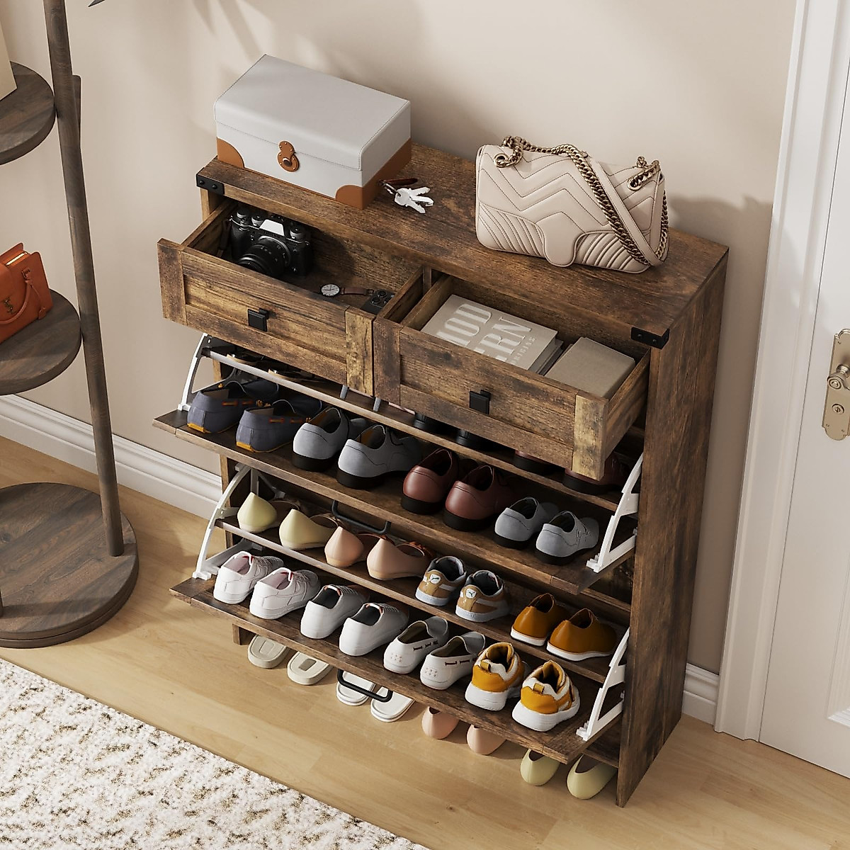 Shoe Storage Cabinet with 2 Flip Drawers & 2 Drawers,Shoe Cabinet Storage with Legs for Entryway,Freestanding Shoes Organizer Cabinet,Farmhouse Slim Shoe Cabinet Rustic Brown