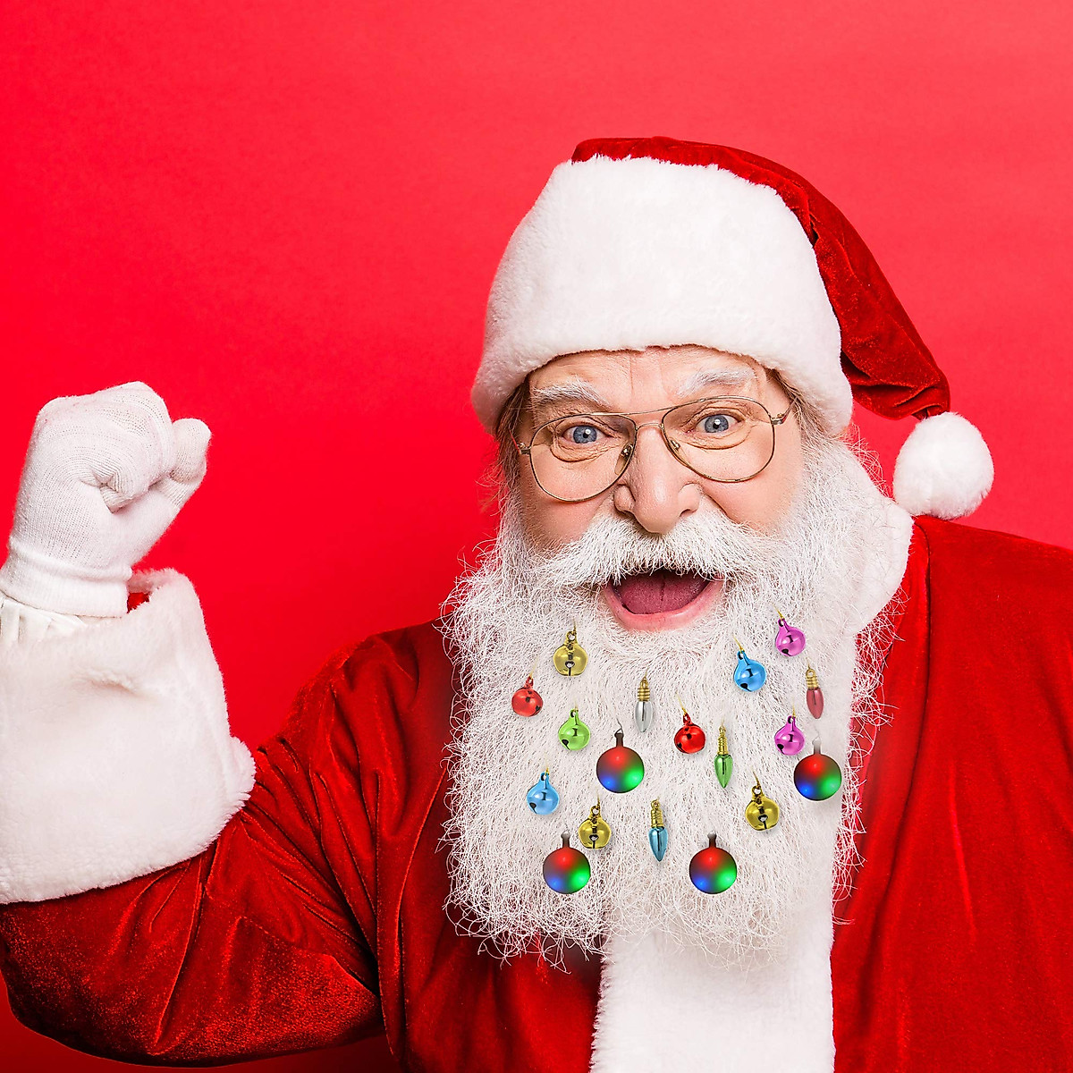 26 Pieces Light Up Beard Ornaments, 4 Pieces Beard Lights Beard Bauble Ornaments, 12 Pieces Sounding Bells,10 Pieces Colorful Water Drop Facial Hair Baubles, Christmas New Year Festival Gift