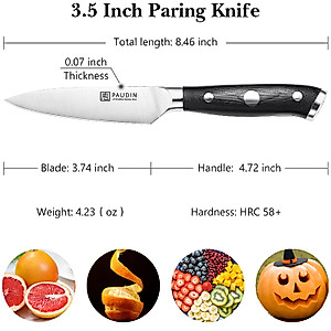 PAUDIN Paring Knife, 3.5 inch Sharp chef's Knife, High Carbon German Steel Fruit Peeling Knife with Ergonomic Triple Rivet G10 Handle, Classic Forged Kitchen Knife
