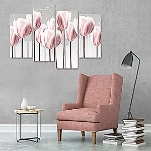 Floral Canvas Wall Art,Canvas Print Pink Tulips for Wall Decor, Framed and Stretched 4 Panels Elegant Flowers Canvas Prints (01 Pink Tulip)