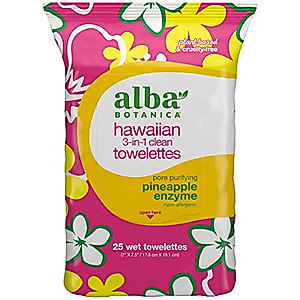 Alba Botanica Hawaiian 3 In 1 Clean Towelettes Deep Pore Purifying Enzyme, Pineapple, 25 Count (Packaging May Vary)
