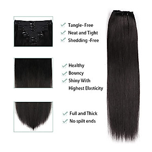Straight Clip in Hair Extensions for Black Women Clip in Hair Extensions Real Human Hair,8pcs Per Set with 18Clips Double Lace Weft,120Gram,100% Real Soft Human Hair Natural Black (16Inch, #1B)