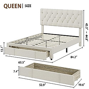 GAOMON Queen Size Bed Frame with 2 Storage Drawers, Upholstered Platform Bed Frame with Adjustable Button Tufted Headboard, Mattress Foundation with Solid Wooden Slats Support, No Box Spring Needed